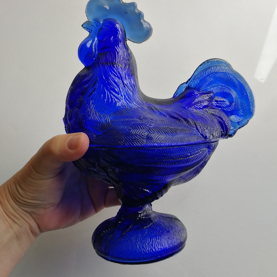 Glass Cobalt Blue Rooster Standing Pedestal 8” Tall, 7” Long Candy Dish ...
