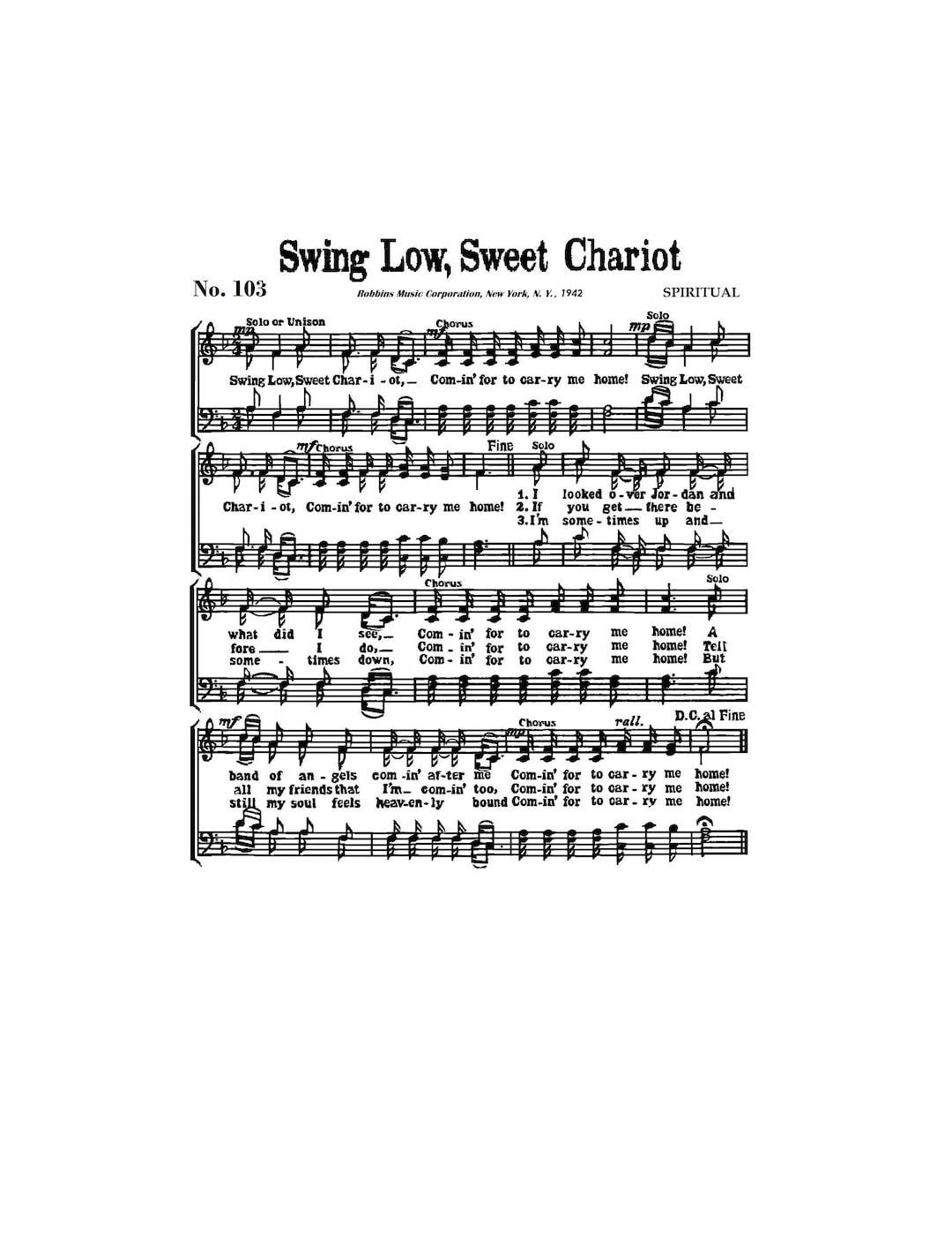 Swing Low Sweet Chariot Spiritual Sheet Music Digital Gospel England ...