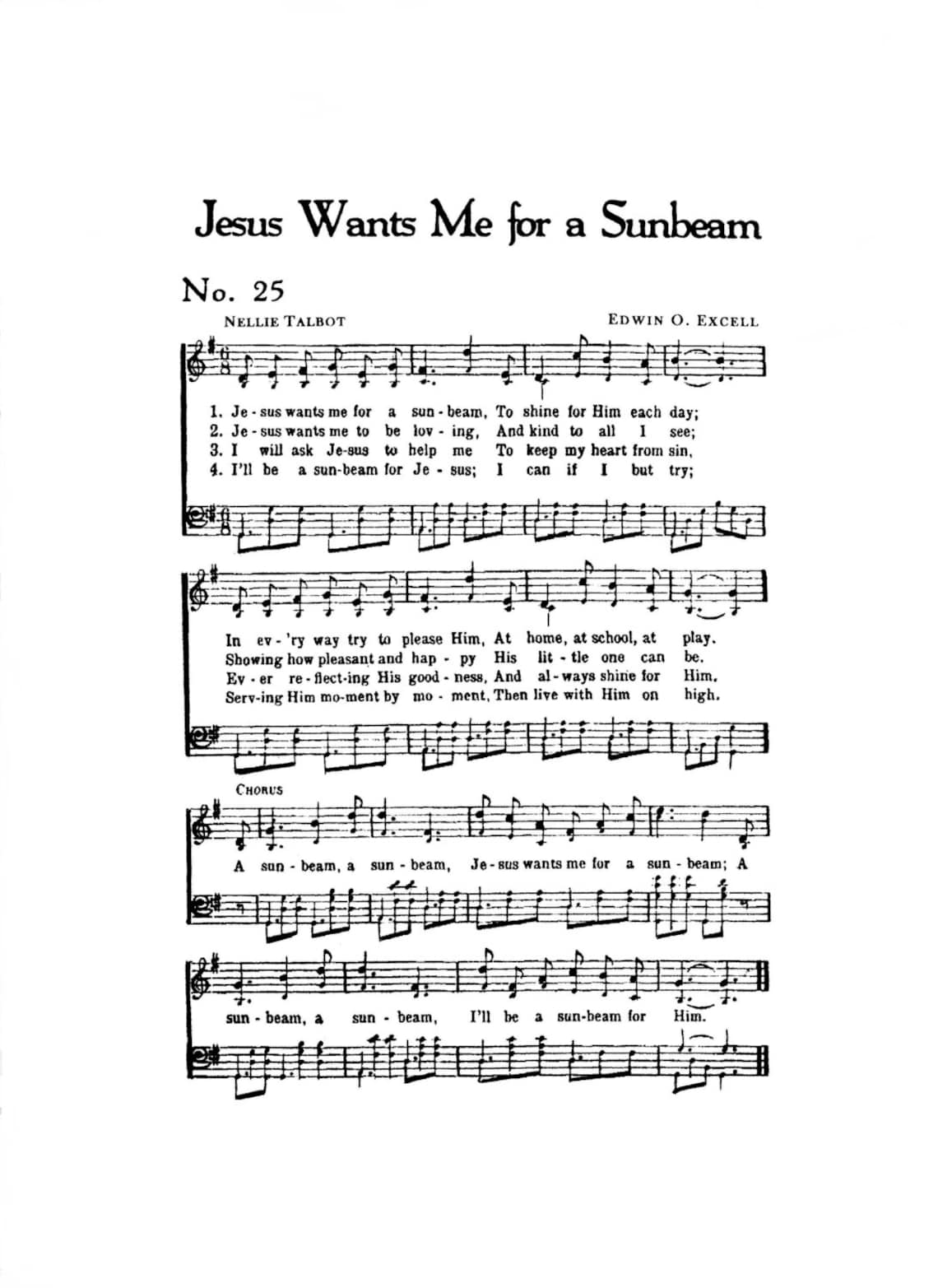 Jesus Wants Me for a Sunbeam Hymn Digital Sheet Music DIY Nursery ...