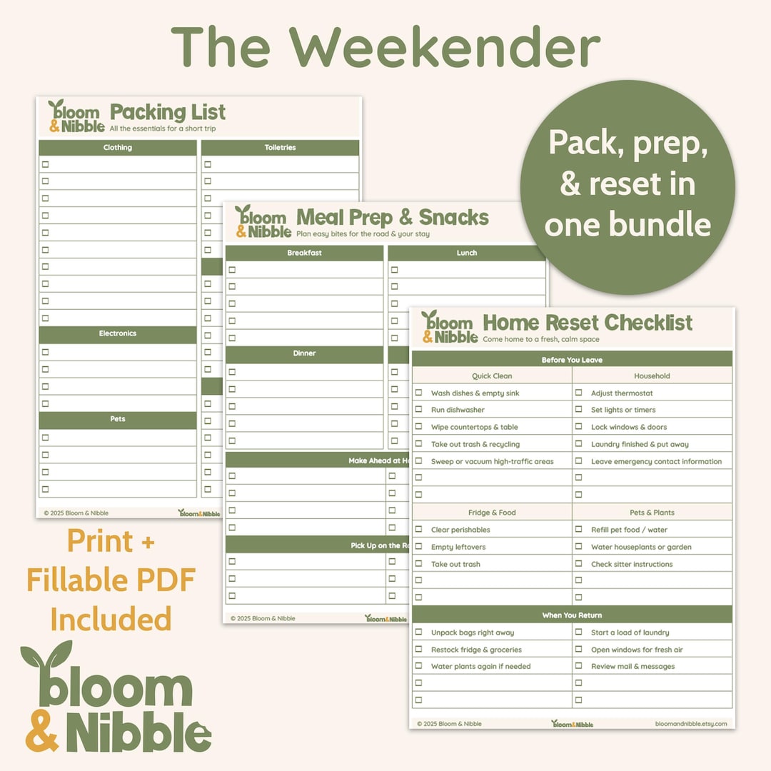 Weekend Getaway Planner: Packing List, Meal Prep, Home Reset (PDF ...