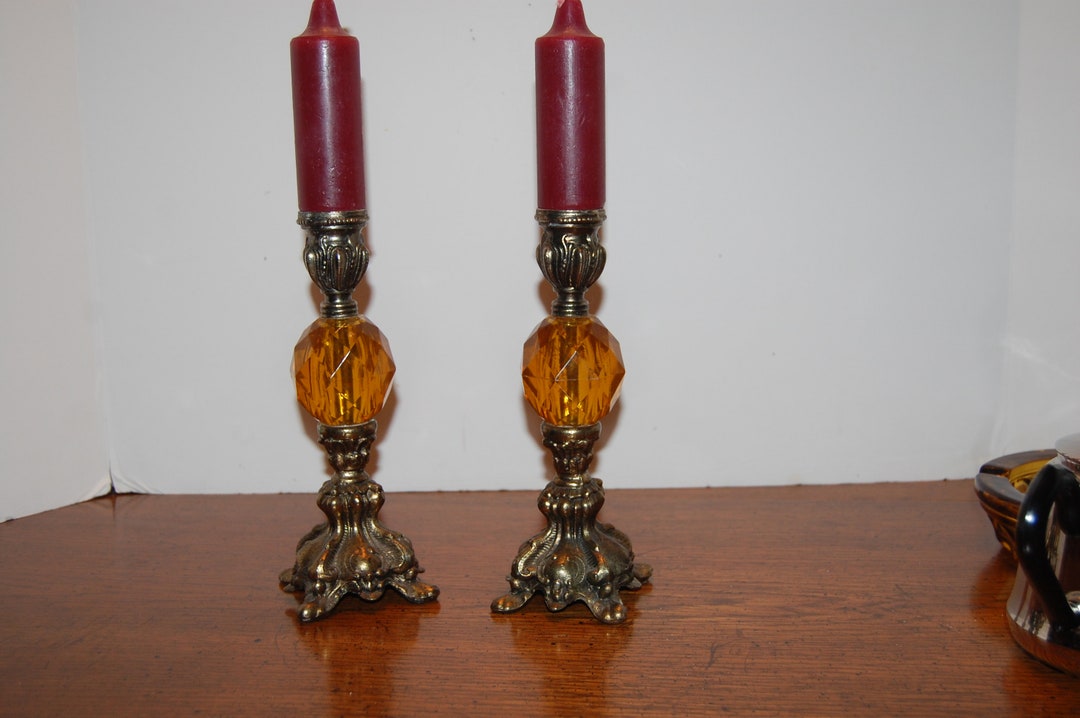 Vintage Candle Holders, Lucite Bead, Brass Colored Candlesticks, Table ...