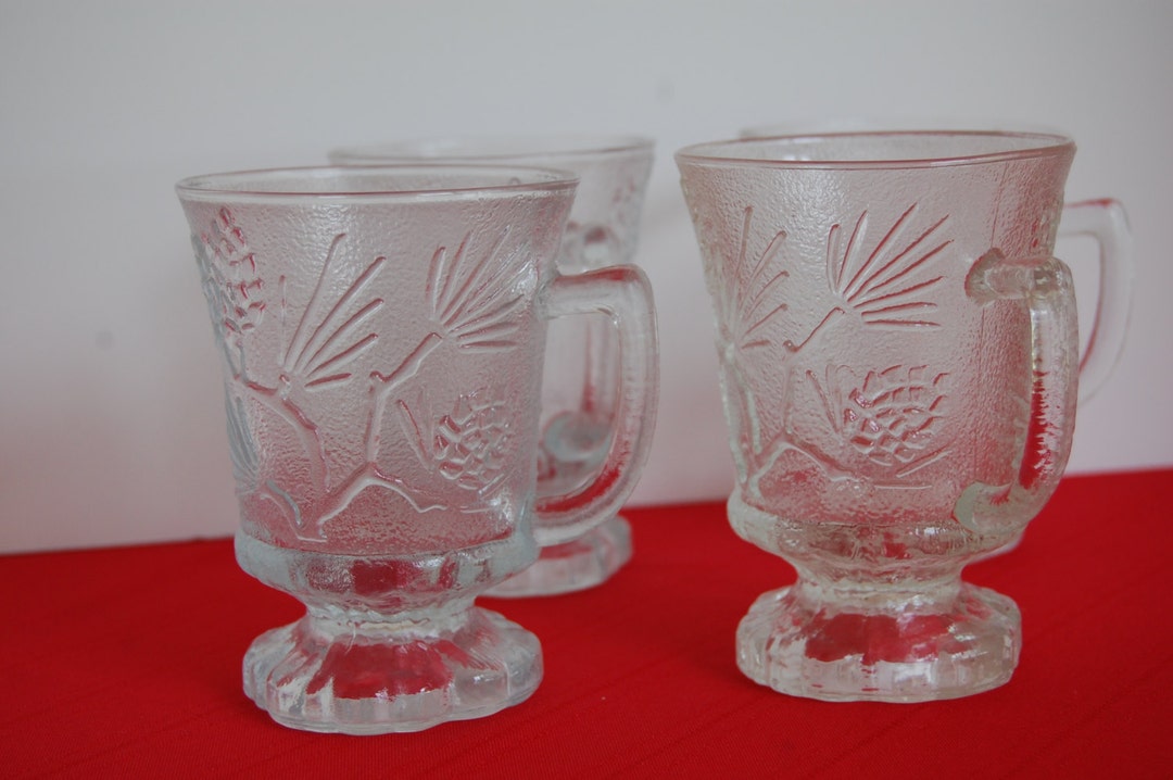 Glass Coffee Mugs 4, Tiara Ponderosa Pine, Vintage Handled Mugs, Clear ...