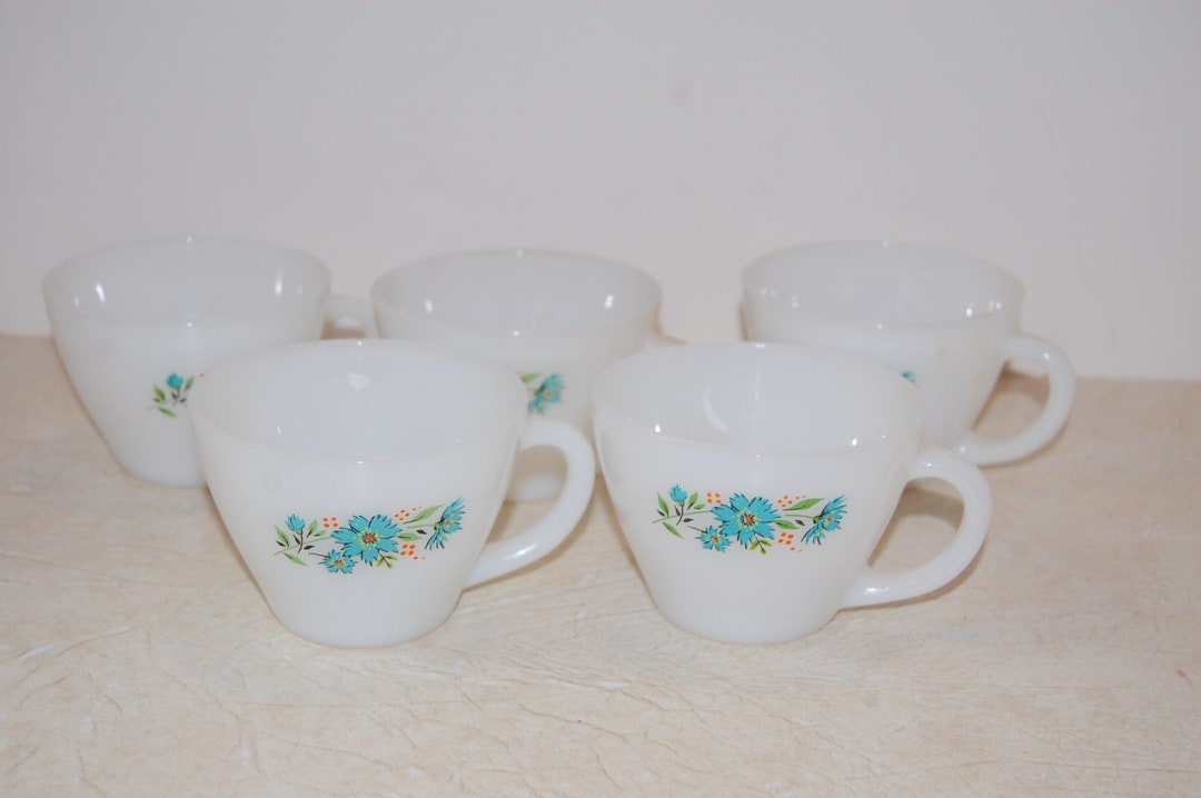5 Fire King Blue Carnation Coffee Cups, White Milk Glass, Anchor Hocking, Blue Flower Cup, Tea ...