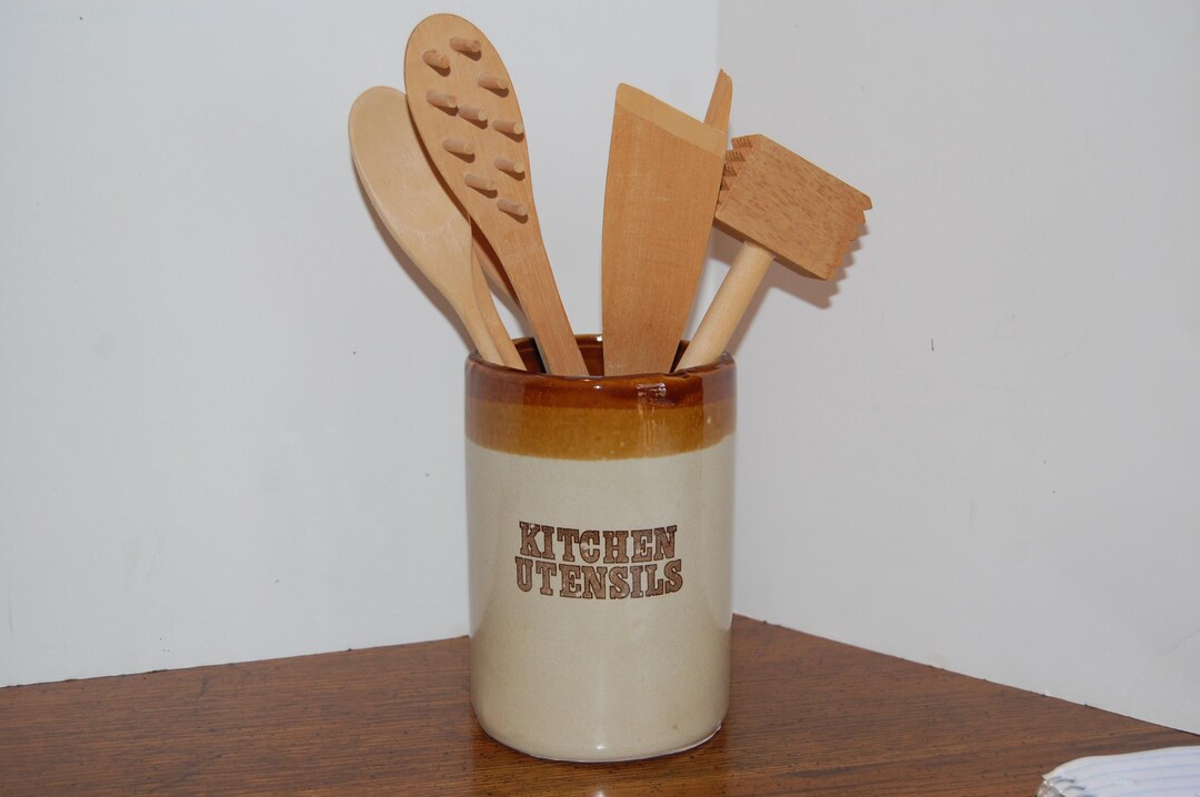 Vintage Utensil Holder, Kitchen Decor, Pottery Container, Wood Utensils ...