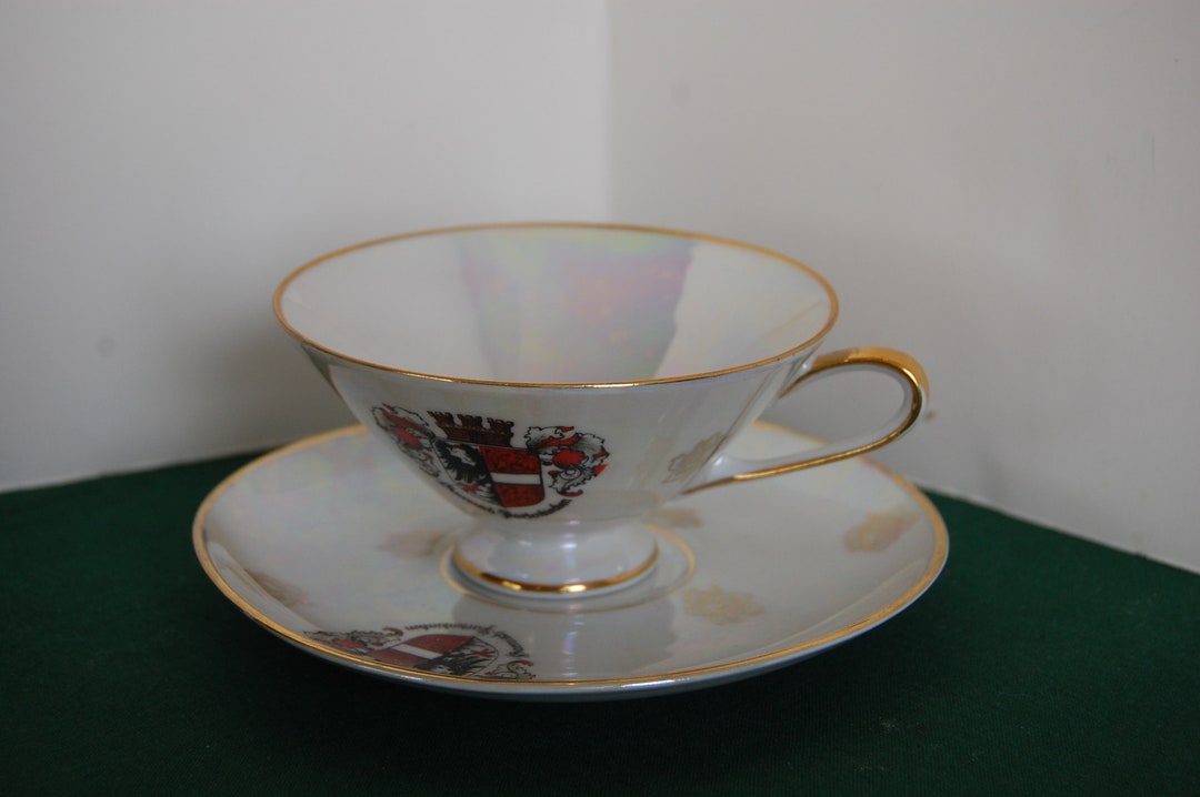Vintage Opalescent Tea Cup and Saucer, German Family Crest, Made in ...