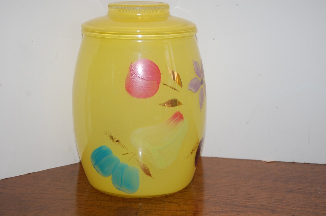 Vintage Bartlett Collins Cookie Jar, Yellow Glass Jar, Flowered Cookie ...