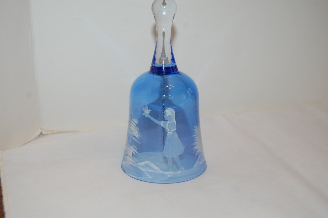 Vintage Fenton Mary Gregory Glass Bell, Blue Bell, Girl With Bird, Hand ...