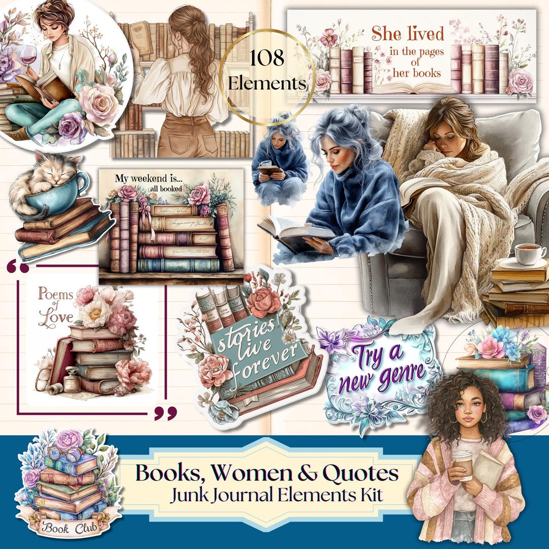 Books, Women & Quotes Junk Journal Ephemera Kit –108 Printable Images ...