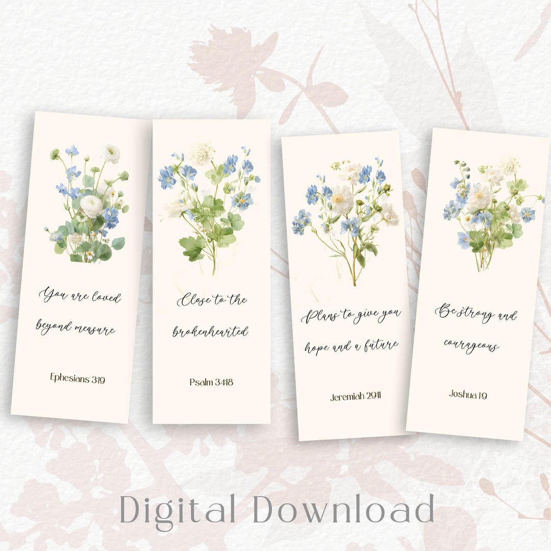 Bible Verse Bookmarks Printable, Blue Watercolor Flowers Faith Gift for ...