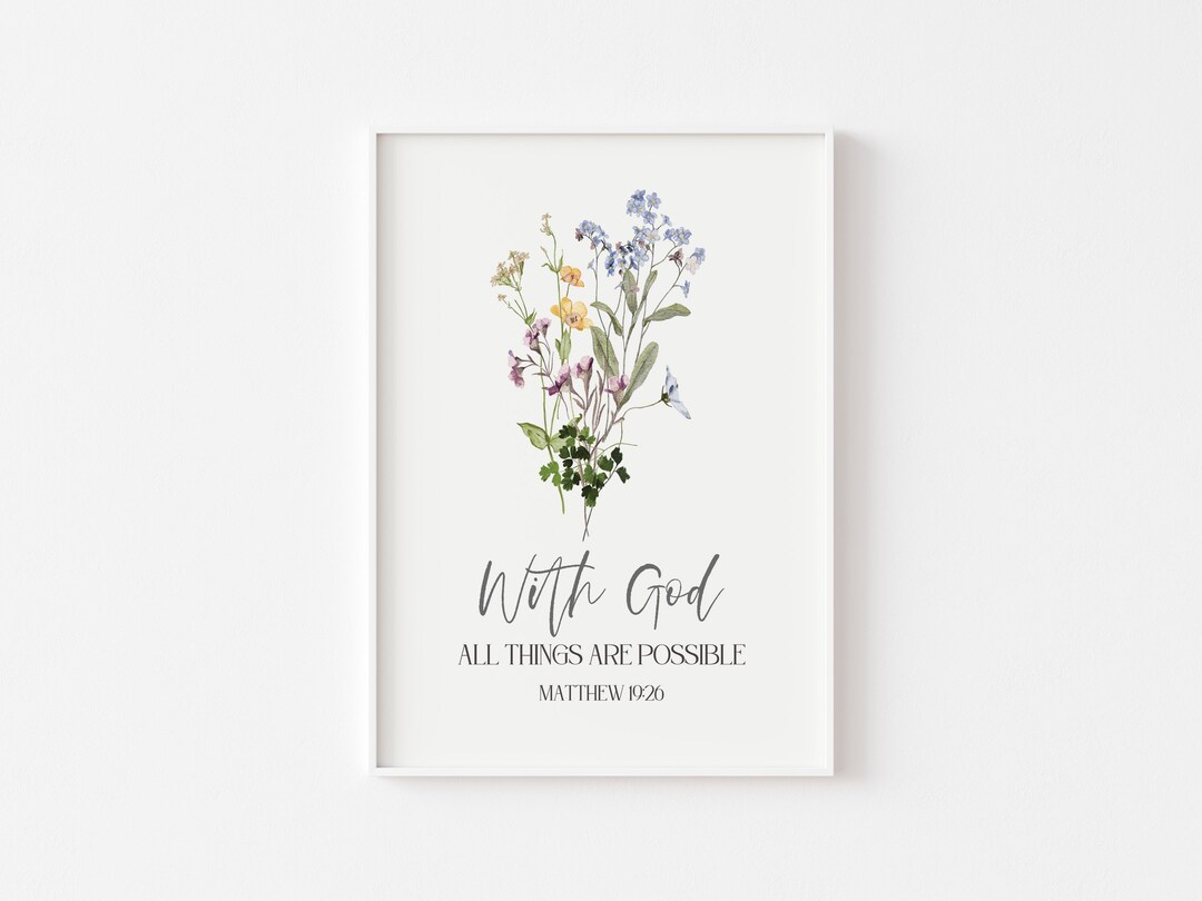 Matthew 19:26 Digital Christian Wall Decor Watercolors Wildflowers Wall ...