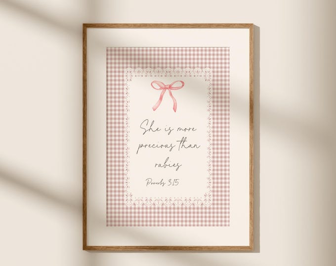 Proverbs 3:15 Pink Printable Girl Nursery Wall Hanging, Pink Bow ...
