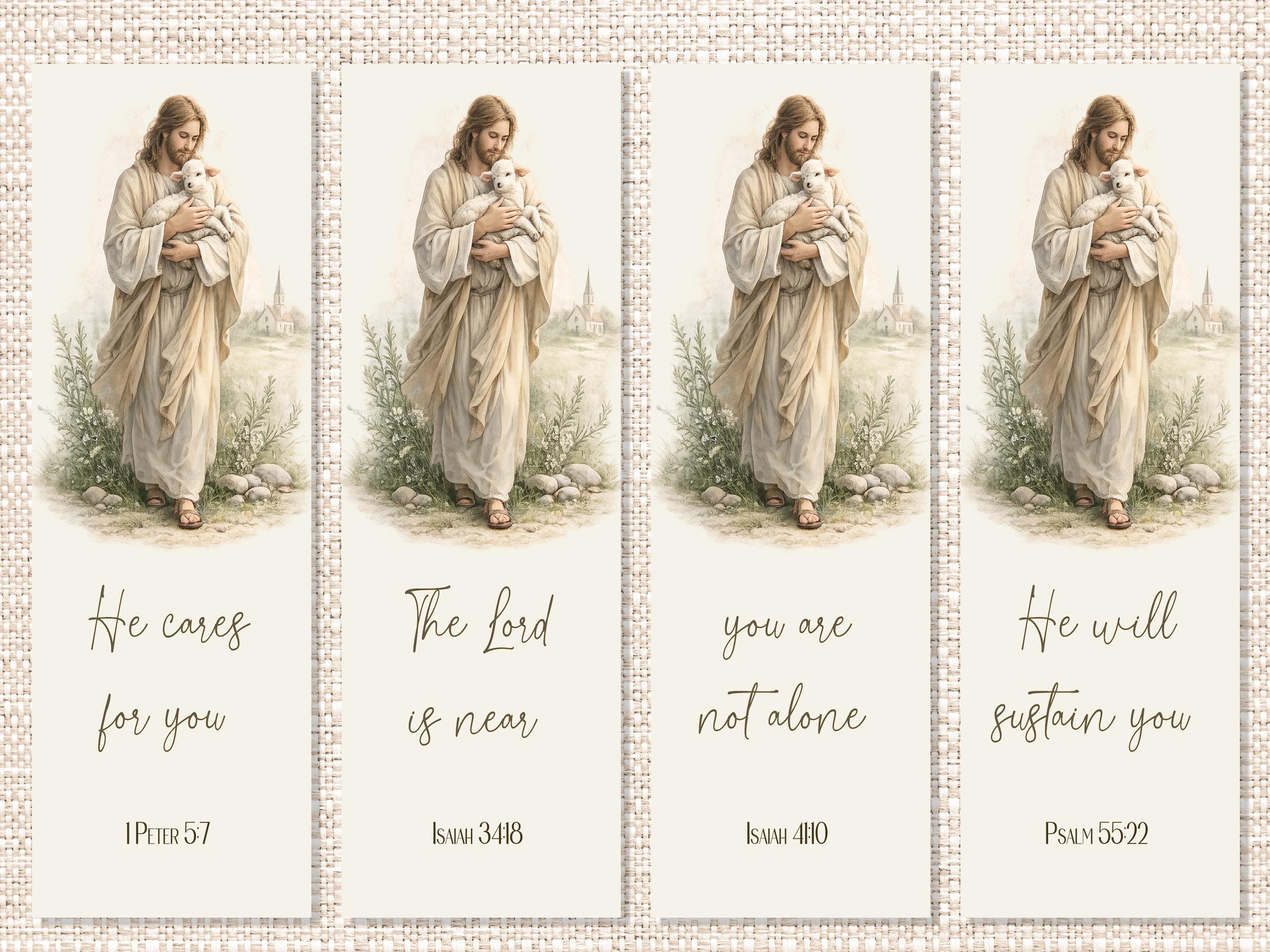 Bible Verse Bookmarks Printable, Jesus Carrying Lamb Bookmarks, Vintage ...