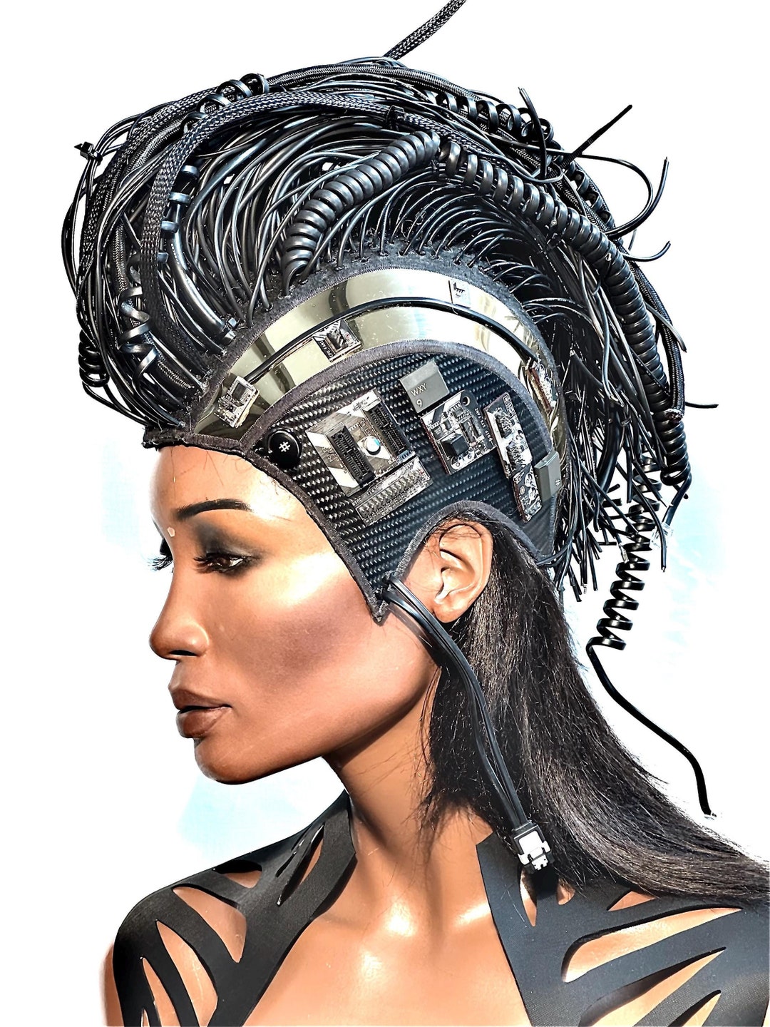 Black Computer Pieces Mohawk Helmet , Headpiece Carbon Fiber ,cyberpunk ...