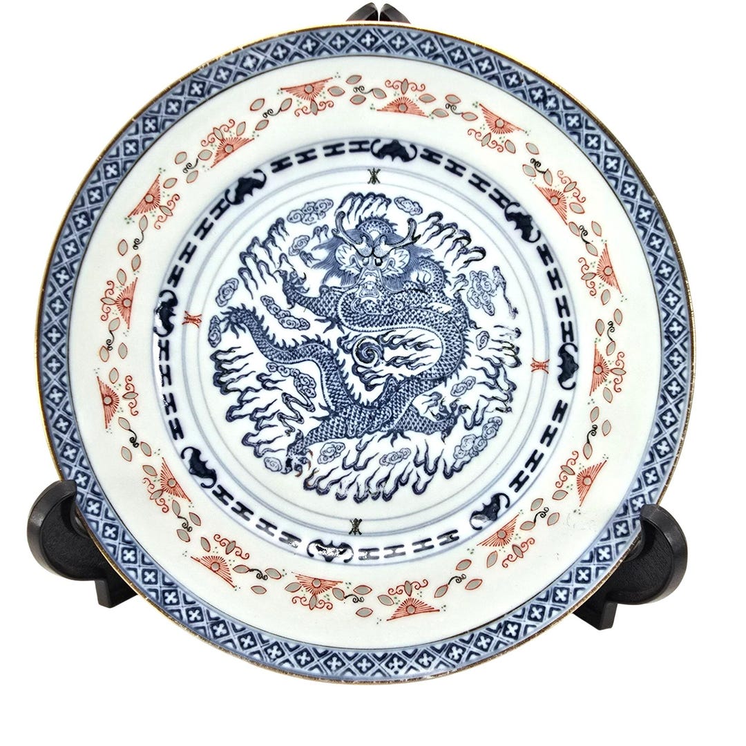 Antique Chinese Dragon Motif Porcelain Dinner Plate Blue & Red Design ...