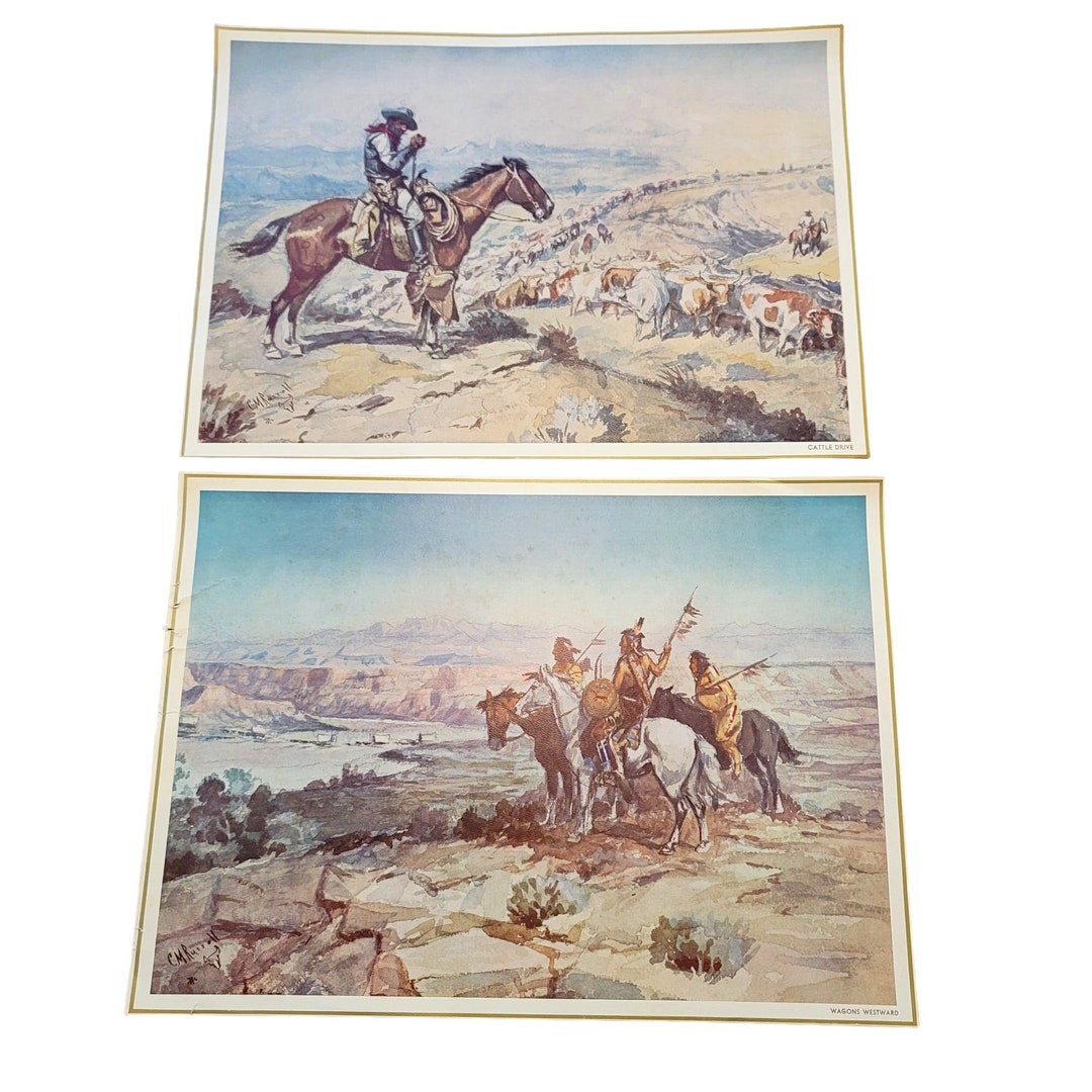 Charles M. Russell Art Prints Cattle Drive + Wagons Westward Vintage ...