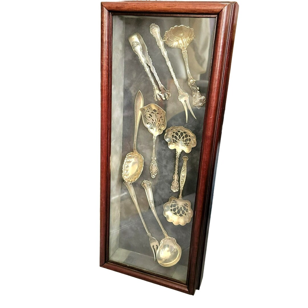 Antique Sterling Silver Servingware Spoons Tongs Forks Framed ...