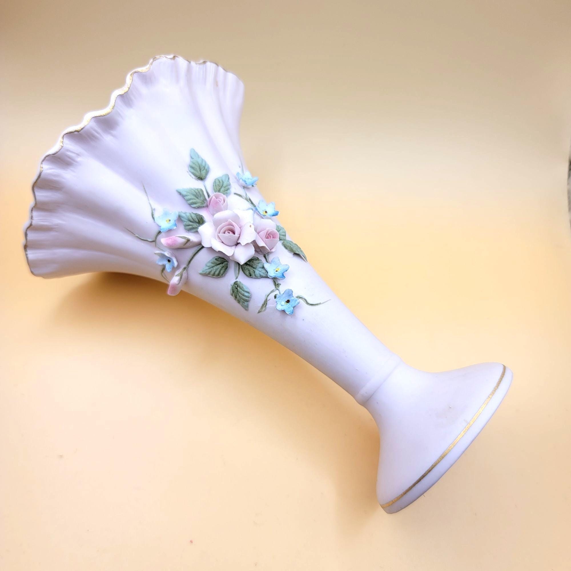 Lefton Vase Rose Fluted Hand-painted Matte Finish With Floral Design ...