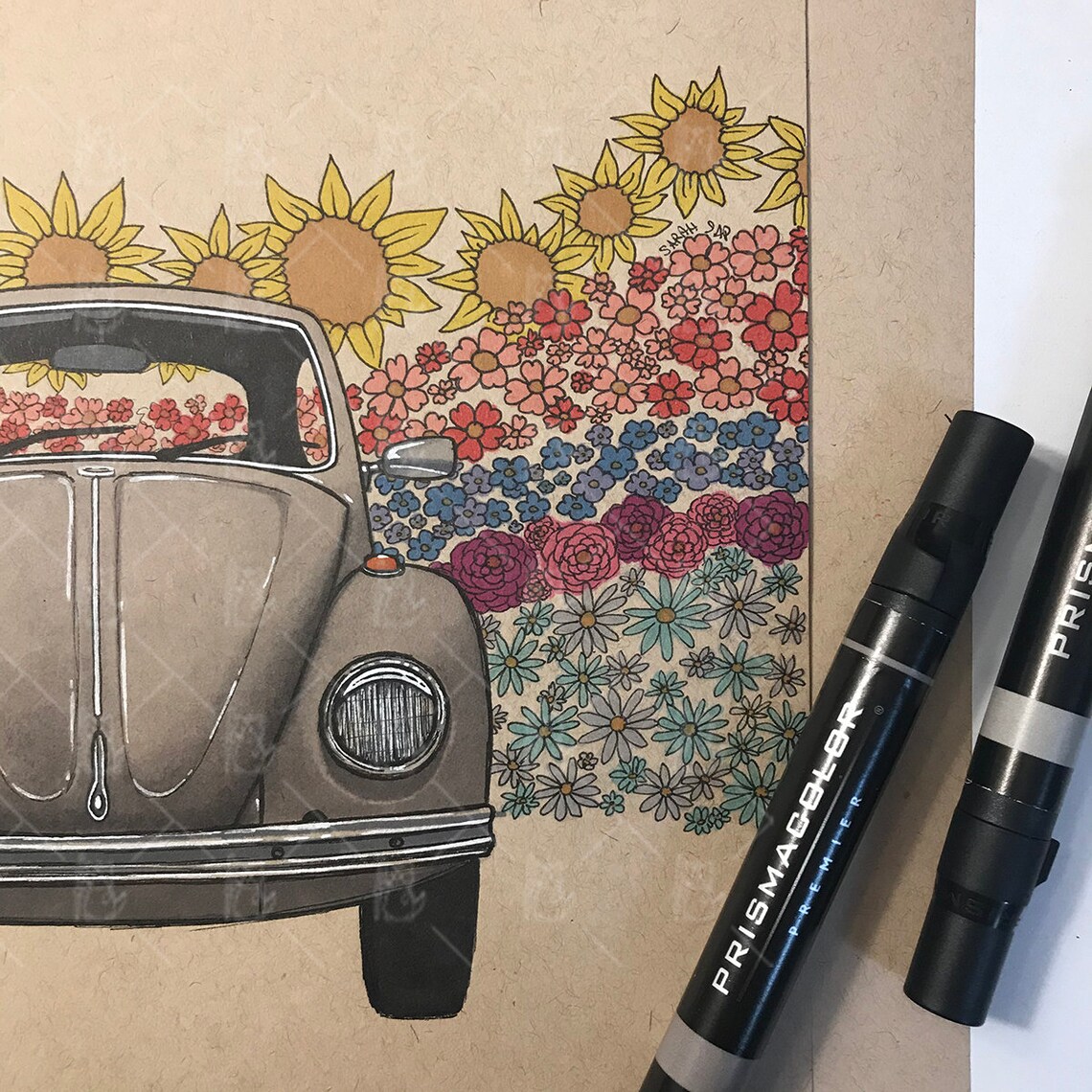ORIGINAL Artwork - Vintage Flower Car Drawing - Automotive Decor - Etsy