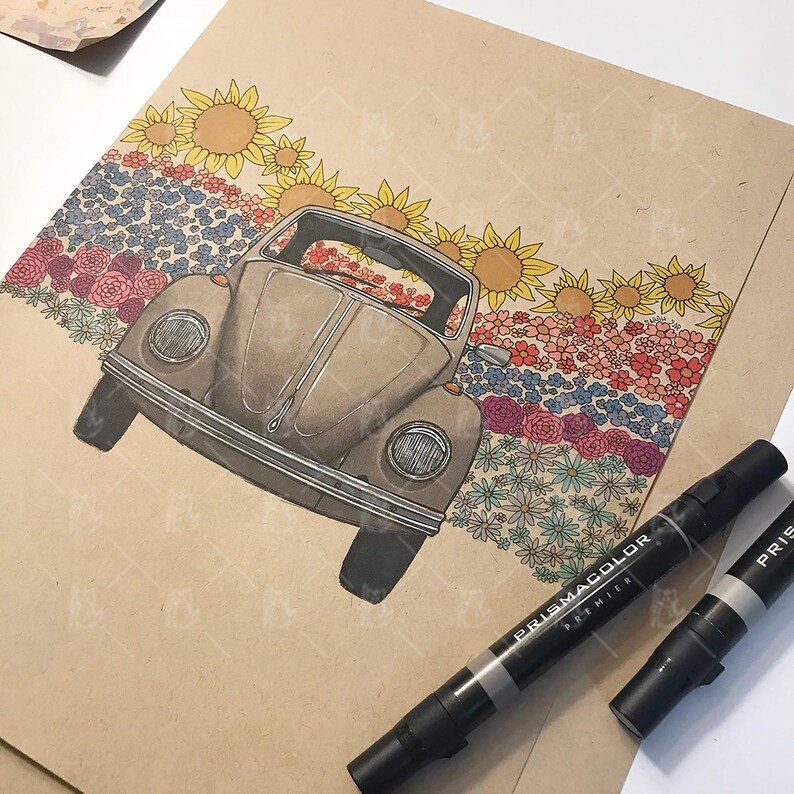 ORIGINAL Artwork - Vintage Flower Car Drawing - Automotive Decor - Etsy