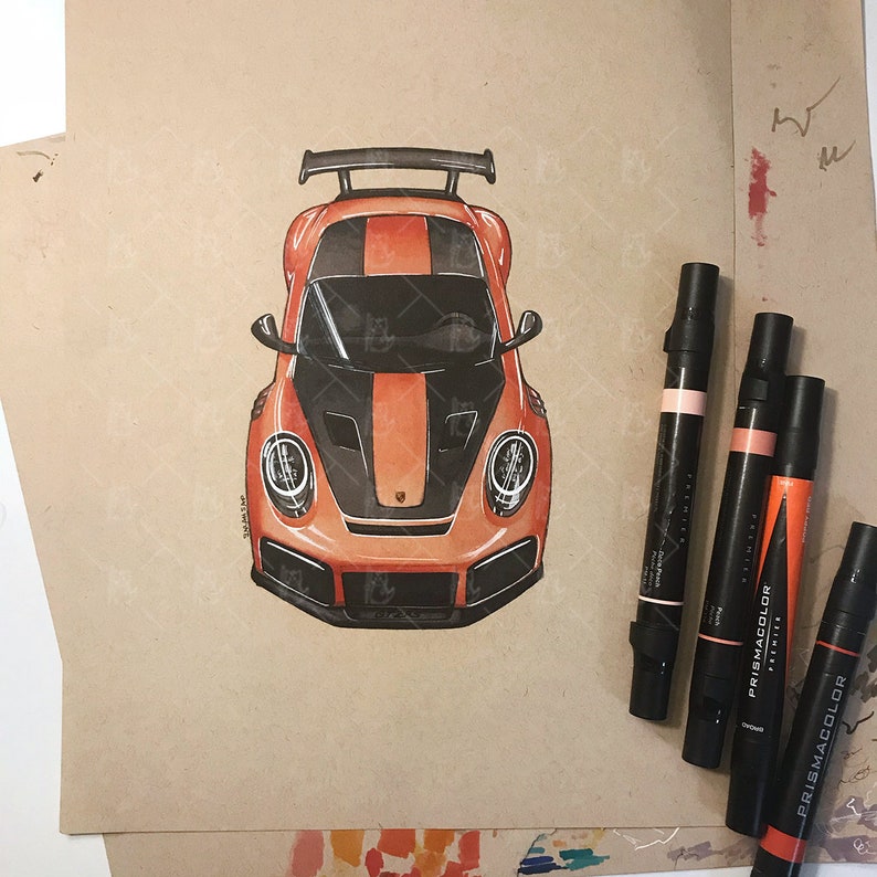 ORIGINAL Artwork - Orange Race Car Wall Art - Car Drawing - Automotive ...