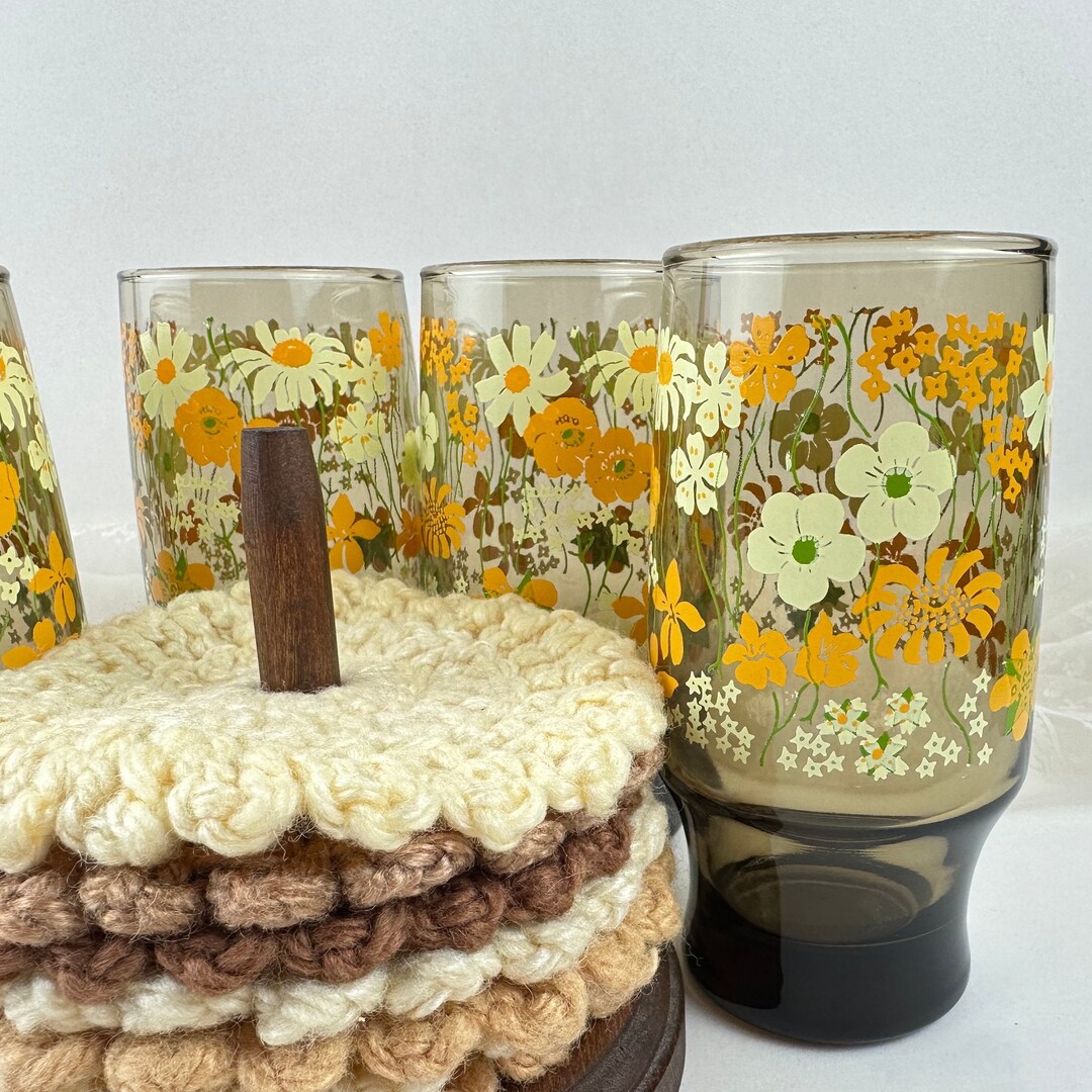 Retro 1970s Drinking Glasses, Smoky Glasses With Yellow & Orange ...
