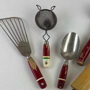 Vintage Set Red Handled Kitchen Utensils, Rustic Wood and Metal Decor ...