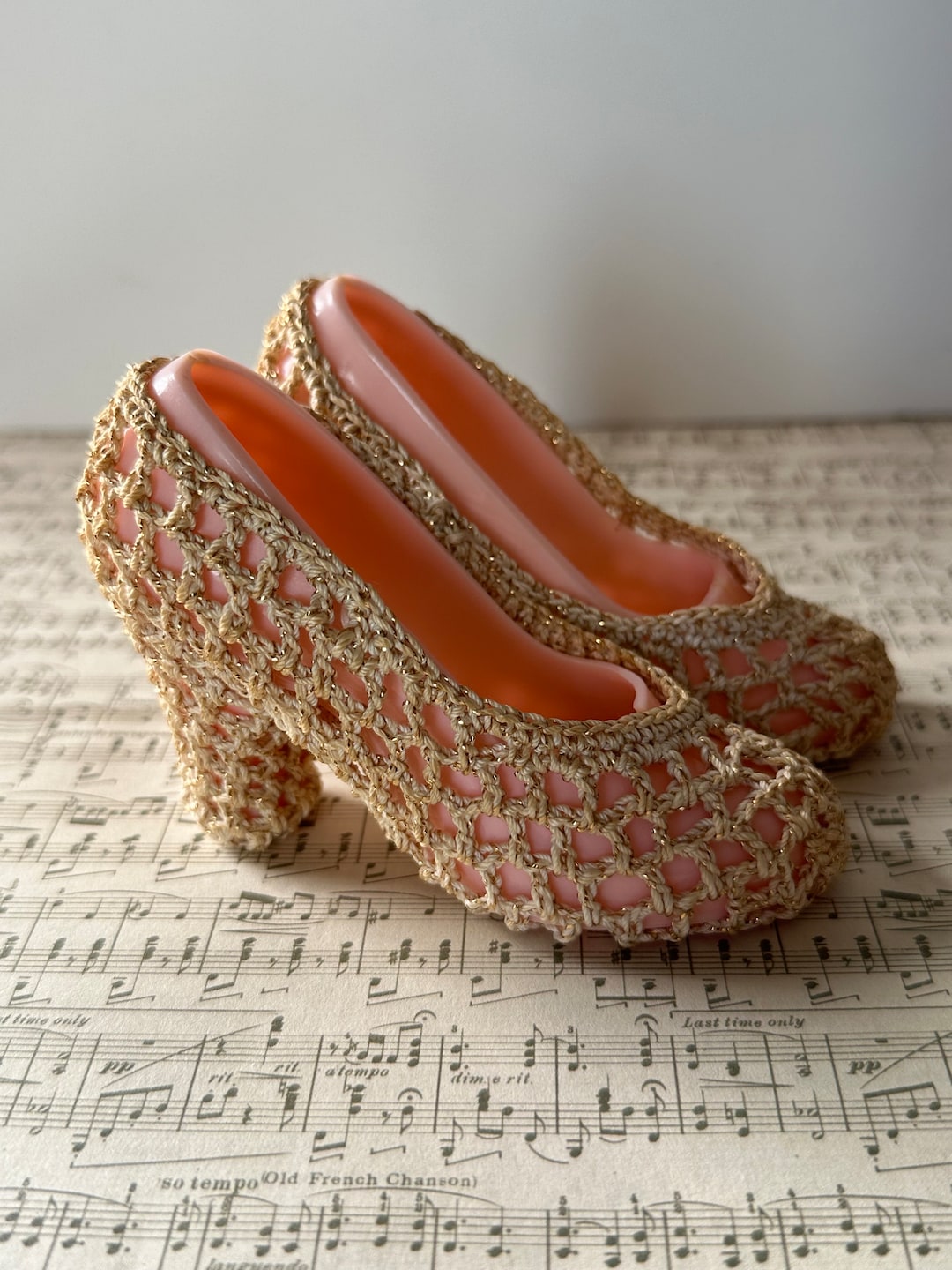 Vintage Crocheted Shoes, Handmade Gold Lame, Miniature High Heels ...