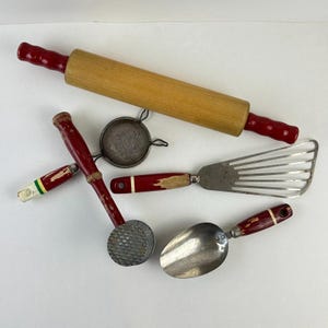 Vintage Set Red Handled Kitchen Utensils, Rustic Wood and Metal Decor ...