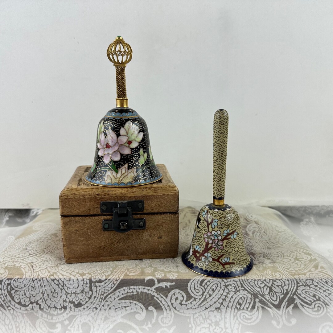 Vintage Cloisonne and Brass Bell Set, Asian Enameled Floral Design ...