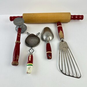Vintage Set Red Handled Kitchen Utensils, Rustic Wood and Metal Decor ...