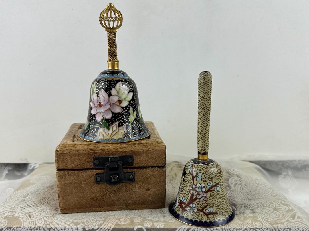 Vintage Cloisonne and Brass Bell Set, Asian Enameled Floral Design Home ...
