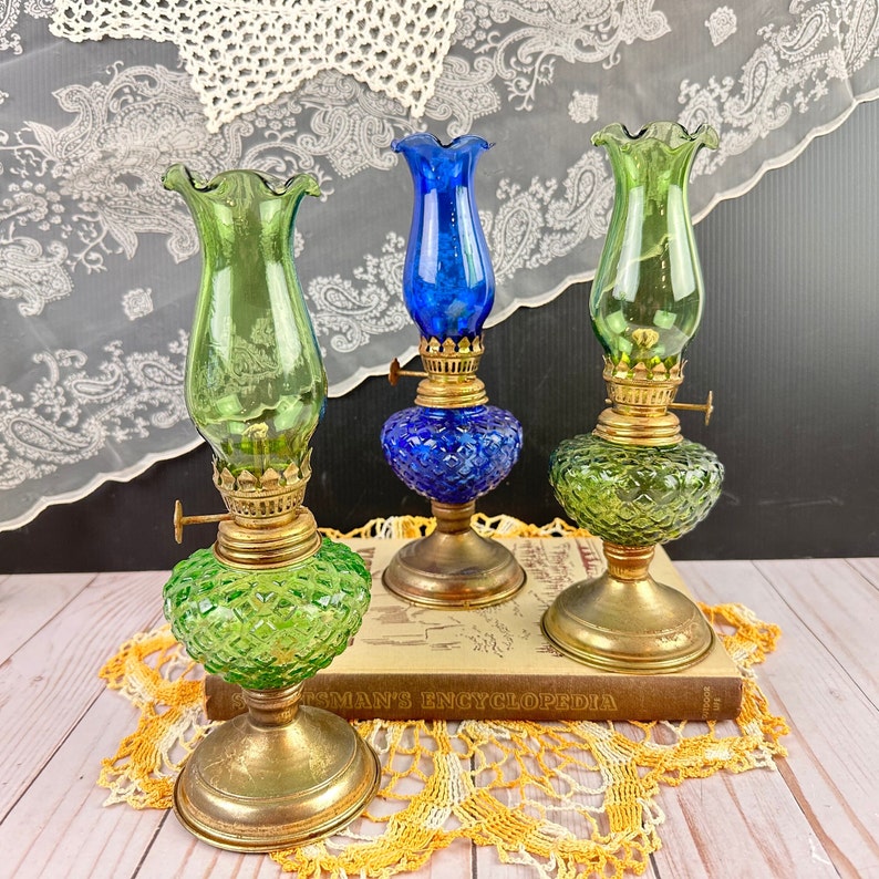 Small Antique Green Glass Oil Lamp Vintage Kerosene Lamp With Globe Boho Green Lighting And