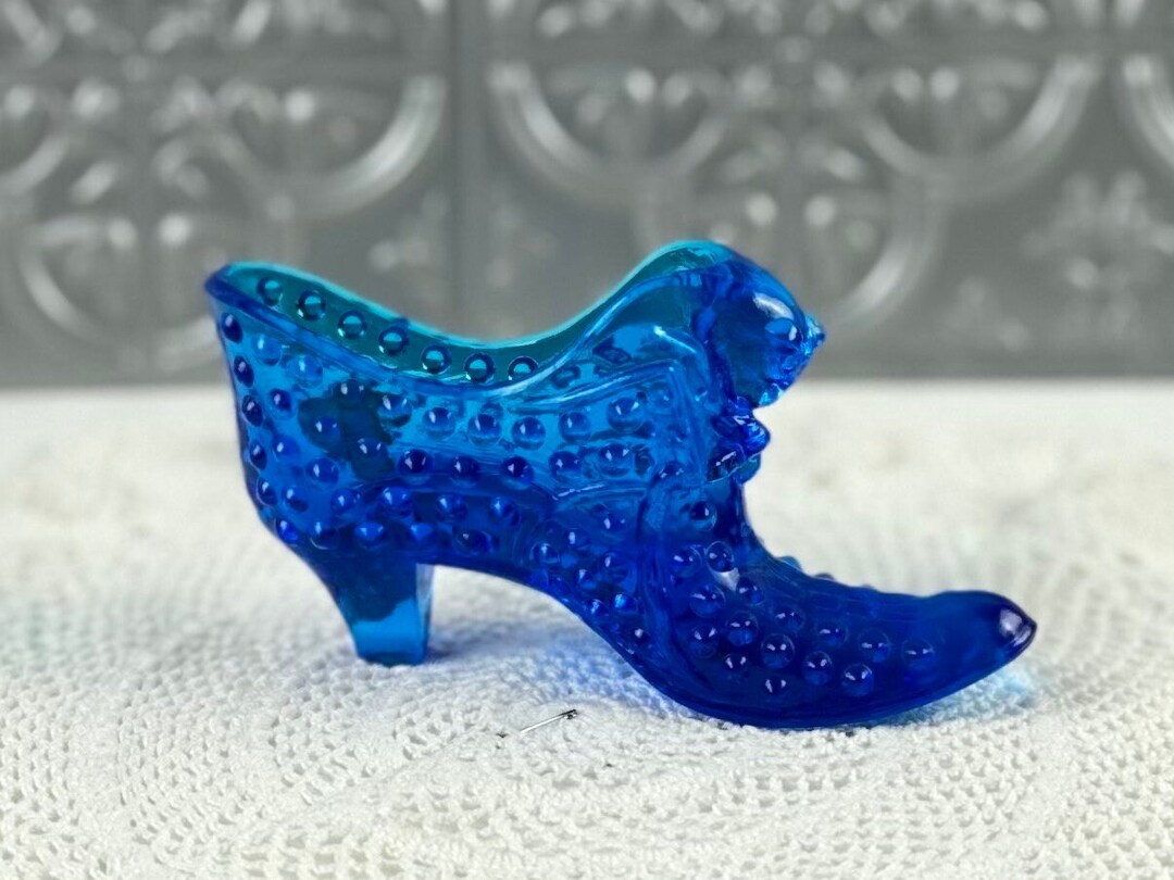 Vintage Fenton Glass High Heel Shoe, Cat Head Hobnail Pattern, Blue ...