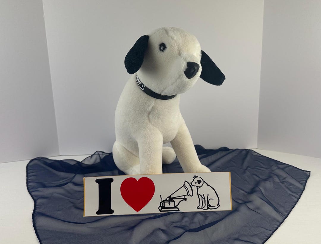 Vintage 1990s RCA Stuffed Plush Nipper Dog, Dankin 15" Black and White ...