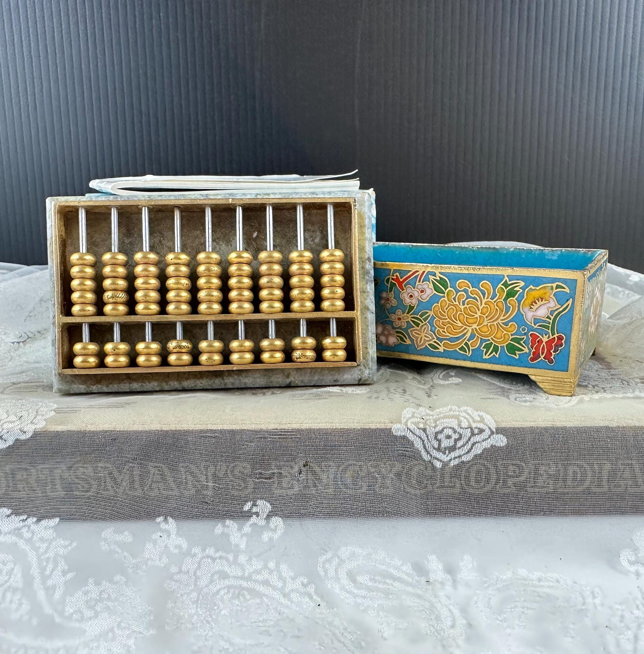 Vintage Miniature Brass Abacus, Chinese Enameled Cloisonne Metal Box ...