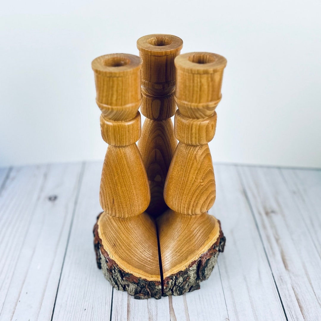 Vintage Hand Made Candelabra, Rustic Cabin Decor, Live Edge Turned Wood ...