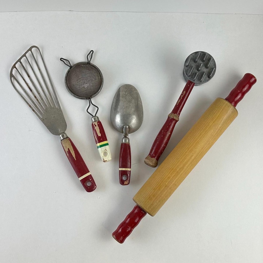 Vintage Set Red Handled Kitchen Utensils, Rustic Wood and Metal Decor ...