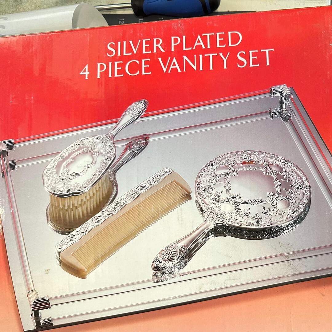 Godinger Silver Vanity Set With Dresser Mirror, Metal Brush, Comb and ...