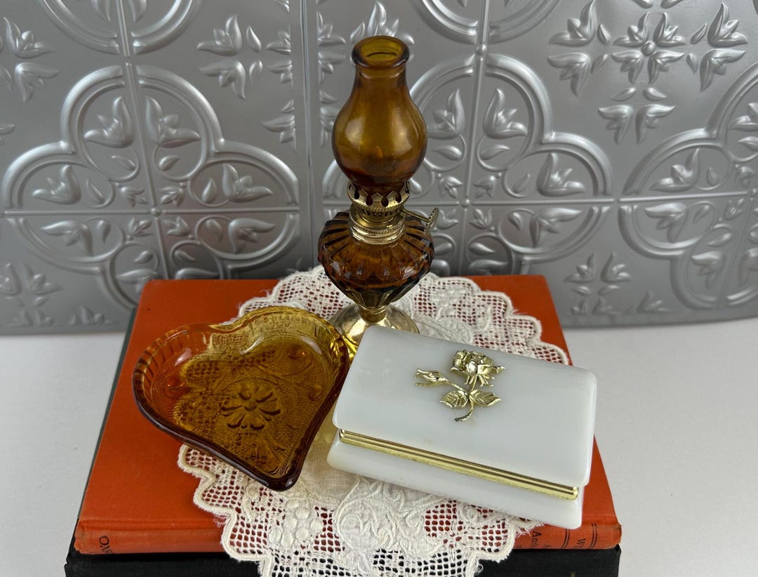 Vintage Miniature Smoky Brown Oil Lamp, Small Trinket Box and Ring Dish ...