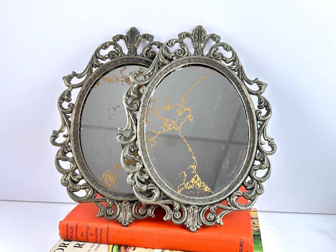Vintage Oval Metal Ornate Mirror Set of 2, Filigree Vanity Wall Mirrors ...