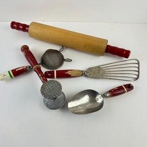Vintage Set Red Handled Kitchen Utensils, Rustic Wood and Metal Decor ...