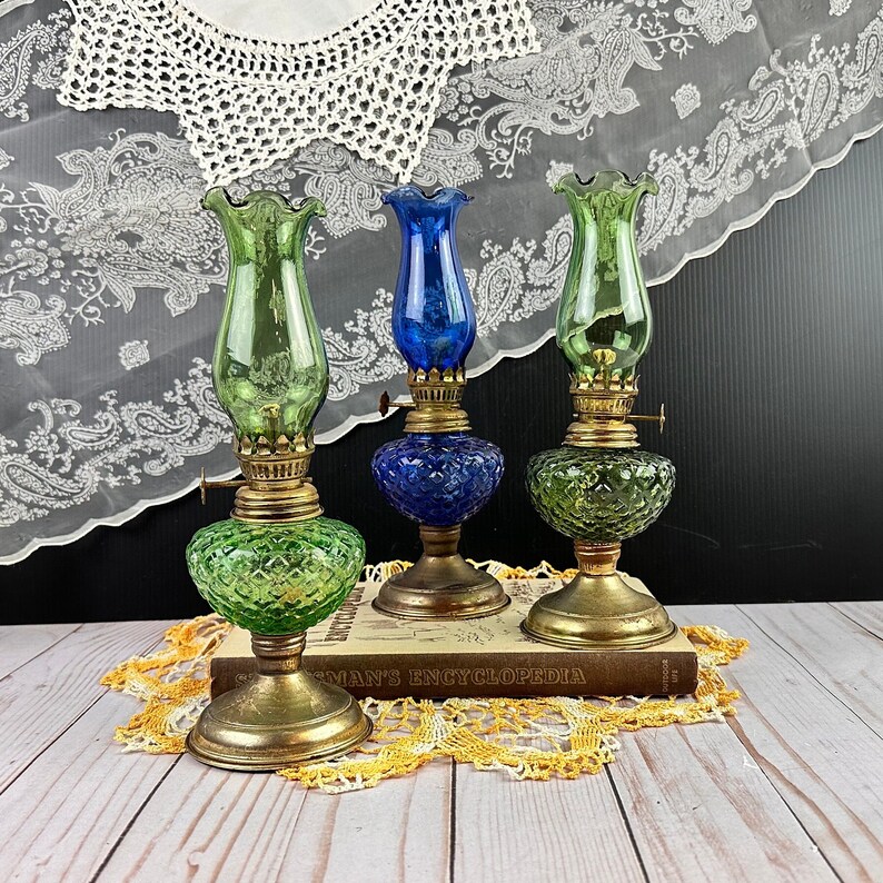 Small Antique Green Glass Oil Lamp Vintage Kerosene Lamp With Globe Boho Green Lighting And