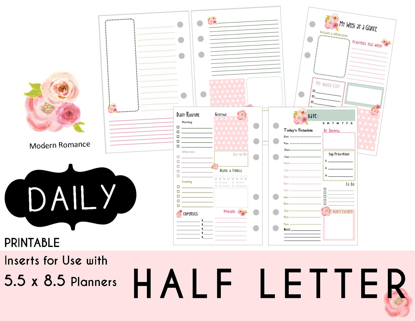 DAILY Planner Printable Refills / Inserts for Half Letter 5.5 - Etsy