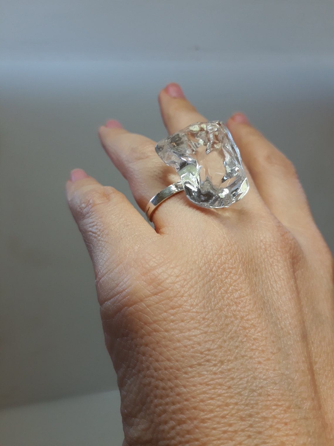 Big Lucite Ring, Adjustable Sterling Silver Ring, Clear Lucite Ring ...