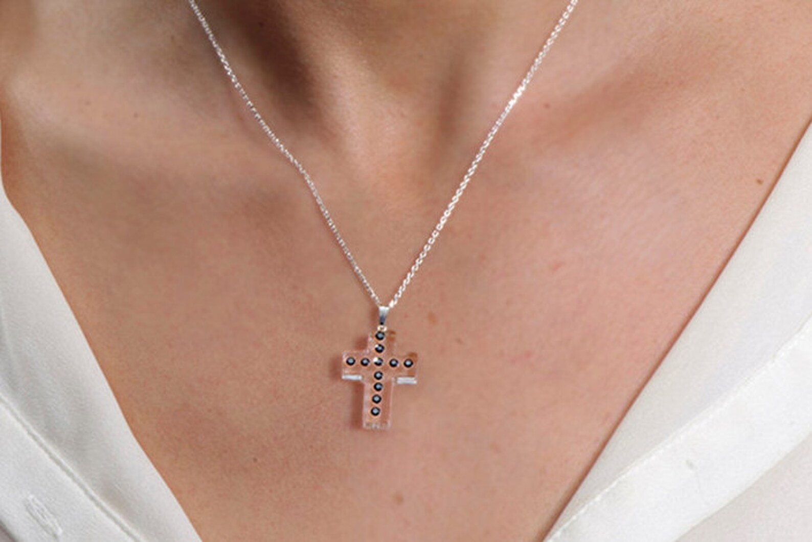 Black Swarovski, Silver Cross Necklace, Black Rhinestones, Swarovski ...