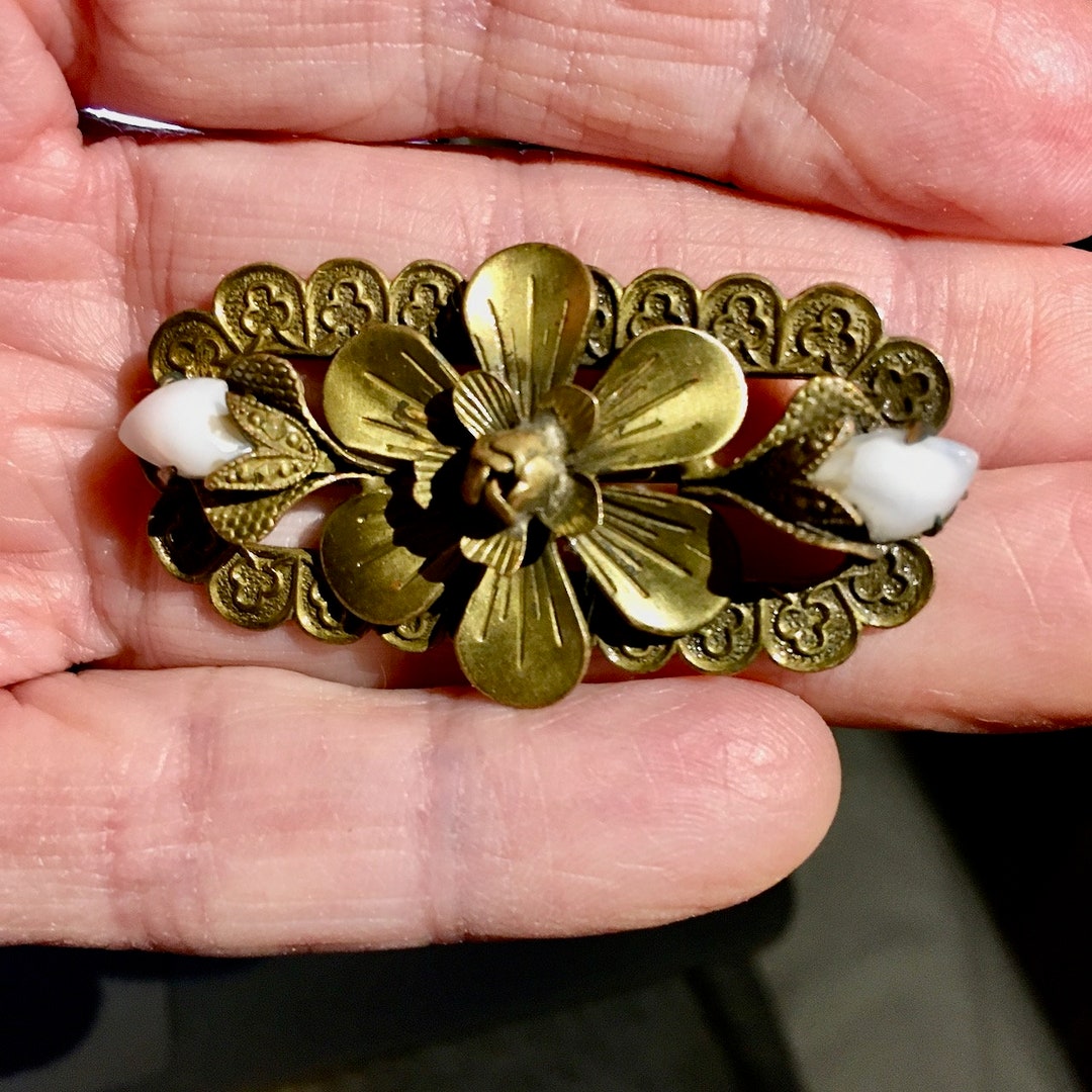 Antique Bar Pin Edwardian Brass Flower Pin -white Pearl Buds - Art ...