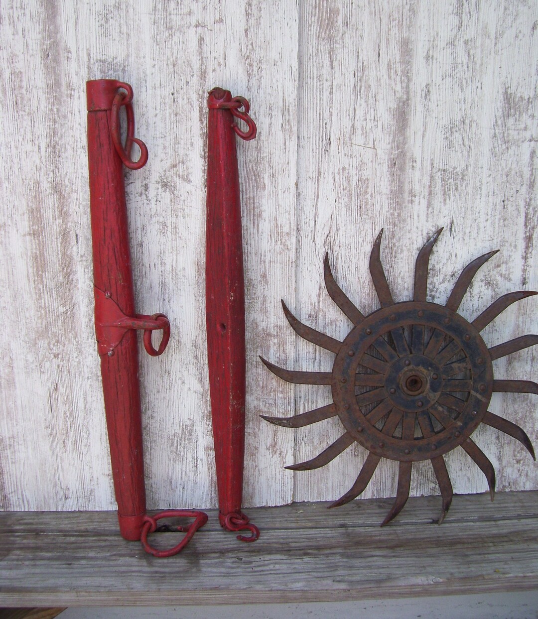 Red Wood Oxen Yoke Farmhouse Primitive Wood Iron Singletree Whiffletree ...