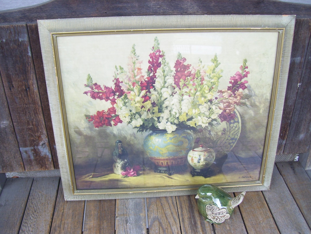 Louis Jambor Snapdragon Print Asian Pottery Garden Flowers Gold Grooved ...
