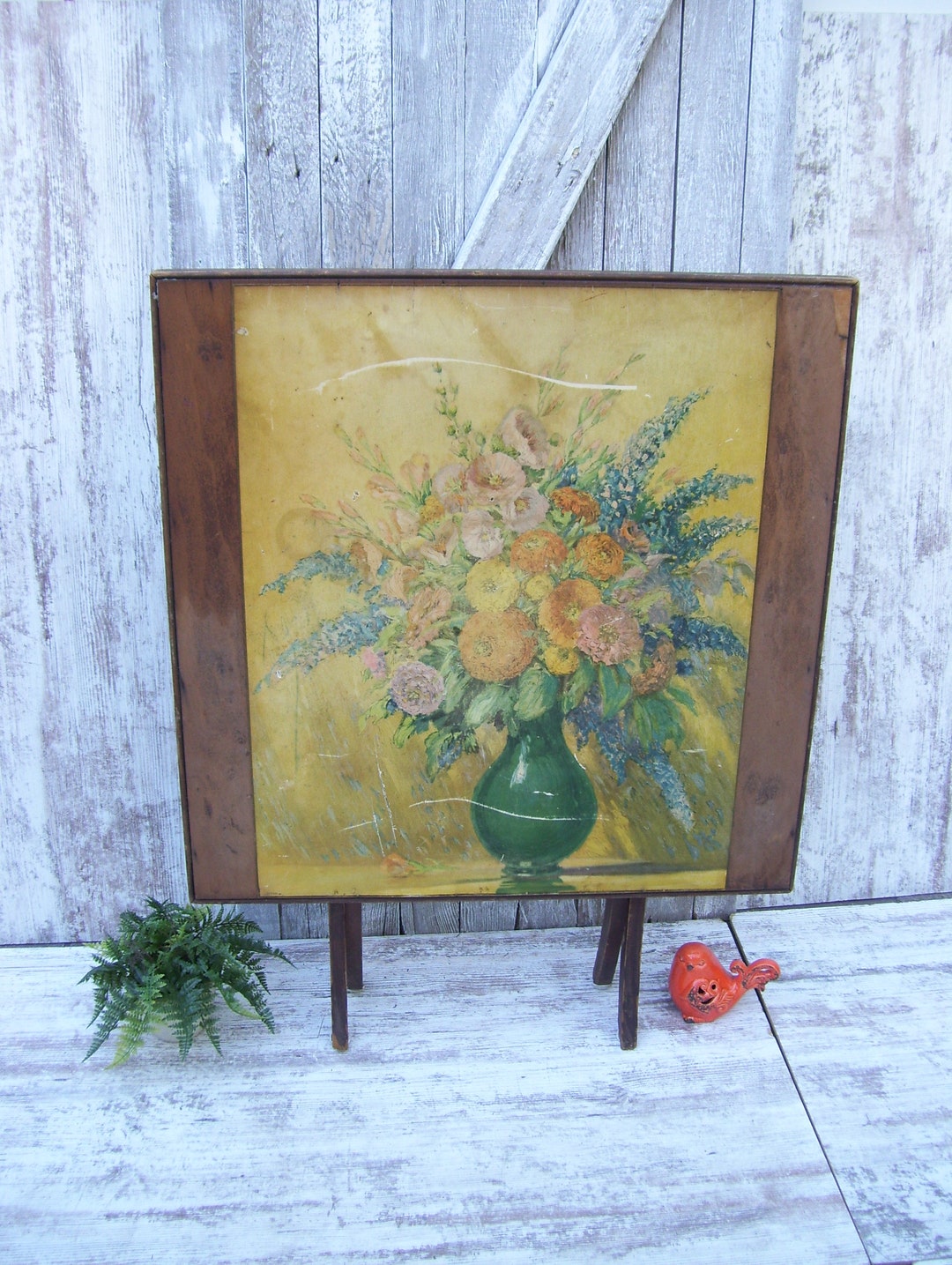 Floral Lithograph Wood Stand up Folding Table Carle J. Blenner Wood ...