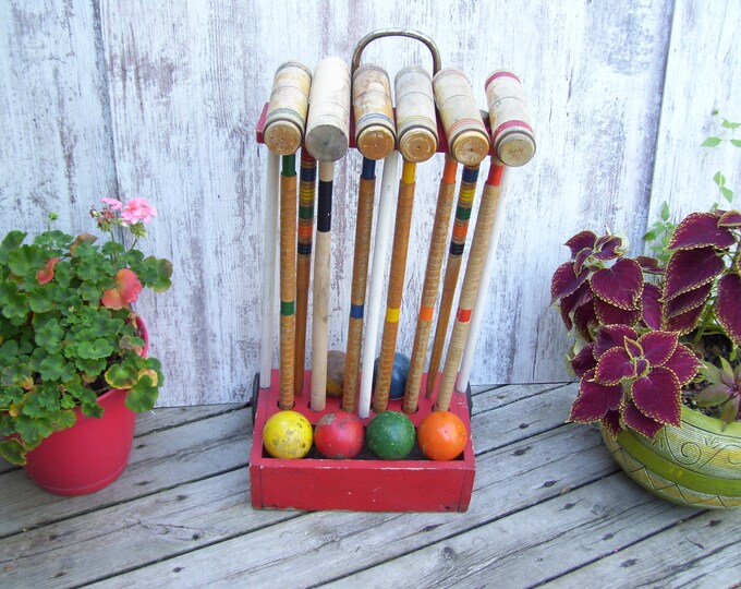 6 Wood Croquet Set Wheeled Stand White Mallets Rollaway Rademaker Ball ...